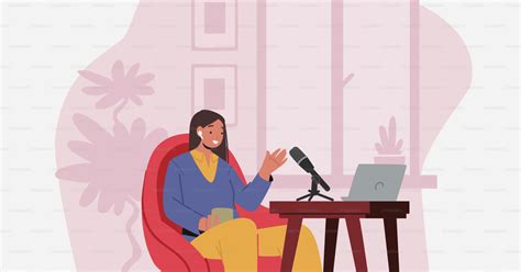 온라인 방송 개념입니다 집에서 Dj 여성 캐릭터 녹음 팟캐스트 마이크와 노트북이 있는 책상에 앉아 커피잔을 들고 가상의