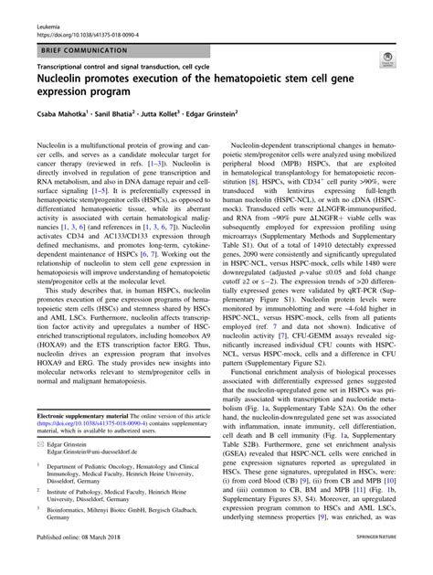 Pdf Nucleolin Promotes Execution Of The Hematopoietic Stem Cell Gene