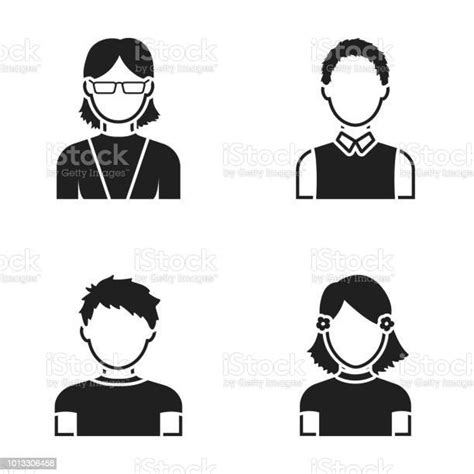 빨간 머리 소년 십 대 소녀 할머니 안경 착용 아바타 검은 스타일 벡터 기호 재고 일러스트 레이 션 웹에서 컬렉션 아이콘을 설정합니다 금발 머리에 대한 스톡 벡터 아트 및