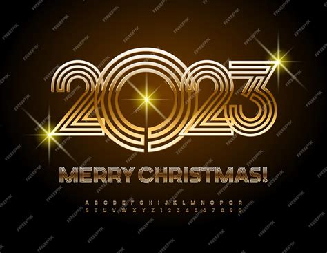 벡터 인사말 카드 Merry Christmas 2023 골드 미로 글꼴입니다 고급 알파벳 문자와 숫자 세트 프리미엄 벡터