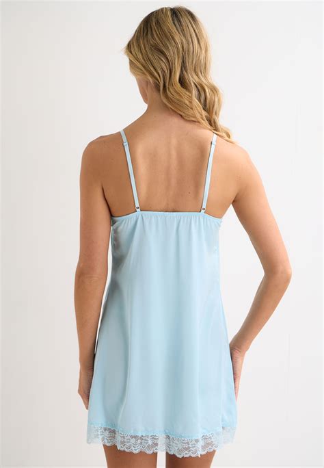 Womens Blue Satin Lace Slip Peacocks