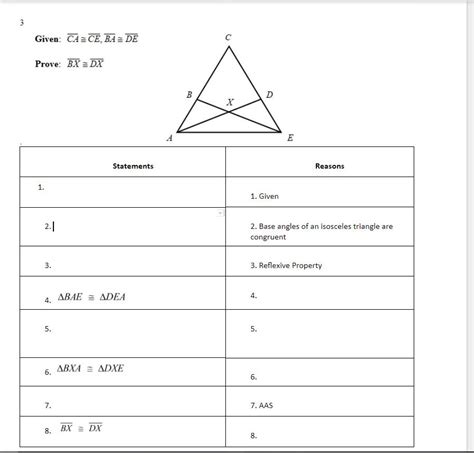 Solved Given CA CE BAE DE Prove BX DX Statements Reasons Chegg
