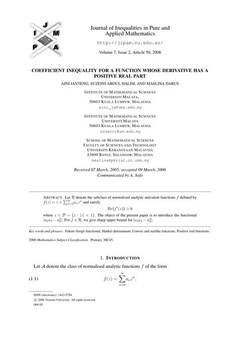 Pdf Coefficient Inequality For A Function Whose Derivative Has
