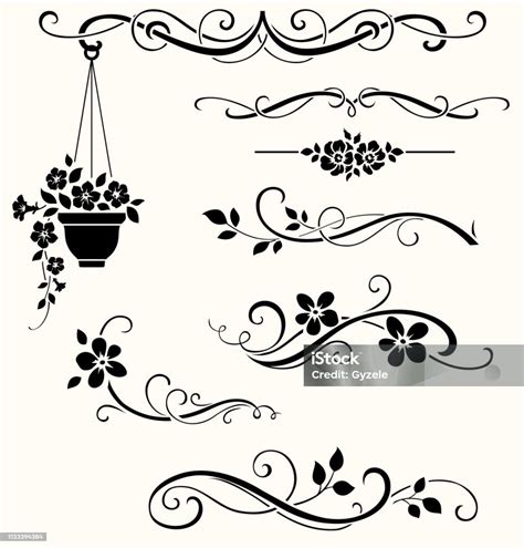 붓글씨 칸막이 장식품 및 꽃 요소의 집합입니다 벡터 장식 나 뭇 가지와 꽃입니다 아름 다운 꽃 실루엣 추상적인에 대한 스톡 벡터 아트 및 기타 이미지 Istock