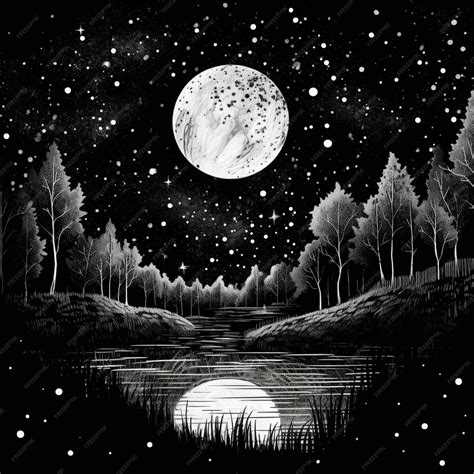 Premium Photo A Black And White Drawing Of A Full Moon Over A Lake