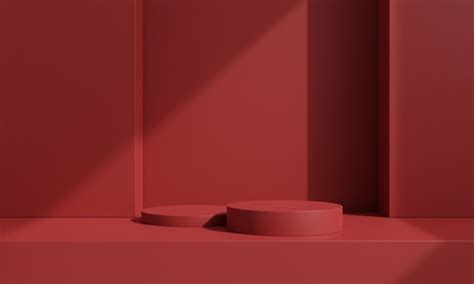 빨간색 배경의 제품 디스플레이를 위한 빨간색 제품 단상이 있는 3d 제품 배경 프리미엄 사진
