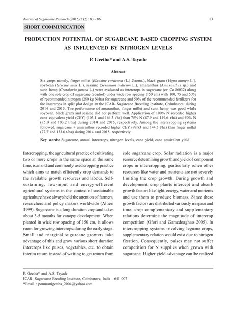 Pdf Production Potential Of Sugarcane Based Cropping System As Influenced By Nitrogen Levels