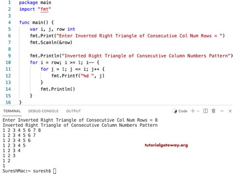 Go Program To Print Inverted Right Triangle Of Consecutive Column Numbers