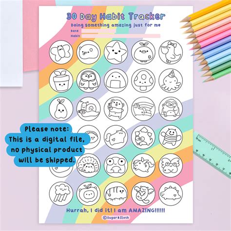 Digital Download Pdf 30 Day Habit Tracker Colour In Download Sugar