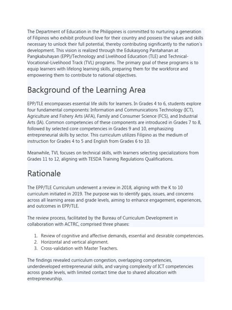 Matatag Epp Tle Framework Pdf Educational Technology Curriculum