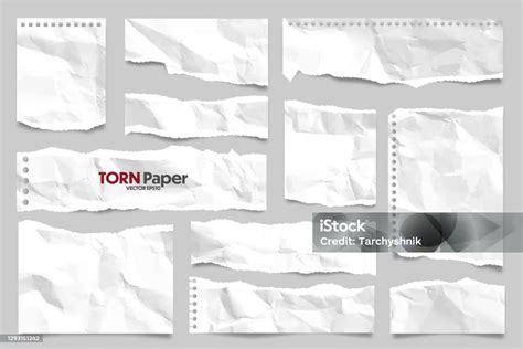 흰색 찢어진 구겨진 종이 스트립 컬렉션 찢어진 가장자리가있는 현실적인 종이 스크랩 스티커 노트 노트북 페이지의 조각 벡터 일러스트레이션 0명에 대한 스톡 벡터 아트 및 기타