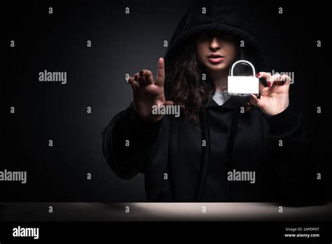 The Female Hacker Hacking Security Firewall Late In Office Stock Photo Alamy