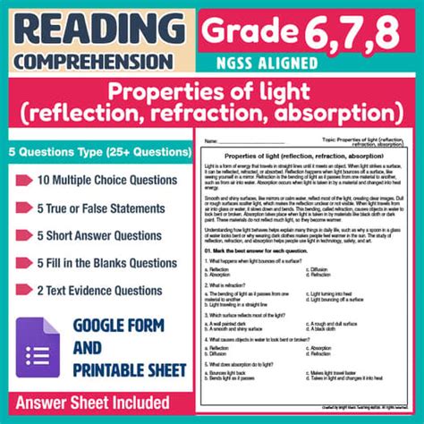 Properties Of Light Quiz Reflection Refraction And Absorption Grades 6 8