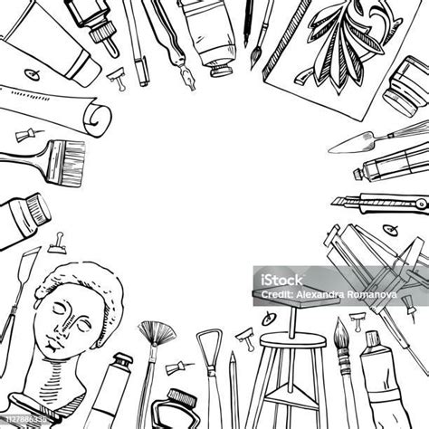 손으로 그린 스케치 벡터 아티스트 자료 프레임입니다 흑인과 백인 그림 및 그리기 도구 흰색 배경에 고립 된 그림을 양식 테이블
