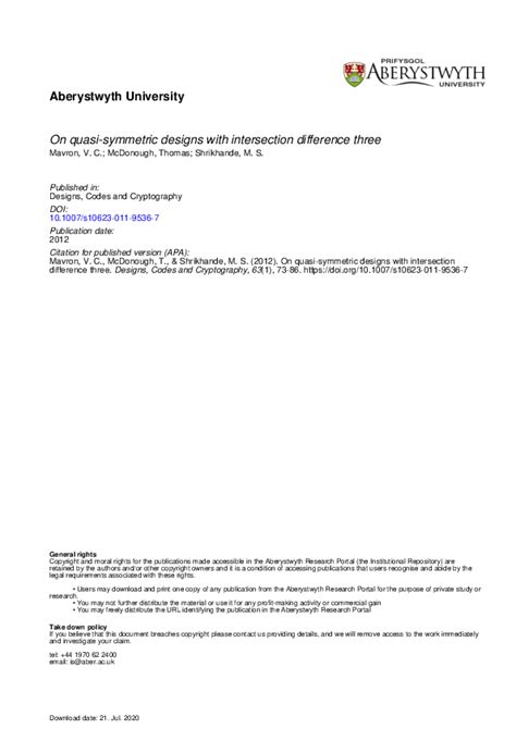 Pdf On Quasi Symmetric Designs With Intersection Difference Three Mohan Shrikhande
