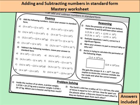 Adding And Subtracting Numbers In Standard Form Mastery Worksheet