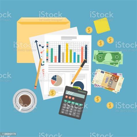 감사 개념 벡터 일러스트입니다 세금 프로세스입니다 비즈니스 배경입니다 분석 데이터 회계 계획 관리 연구 계산 보고 및 프로젝트 관리의 평면 설계 개념에 대한 스톡 벡터 아트