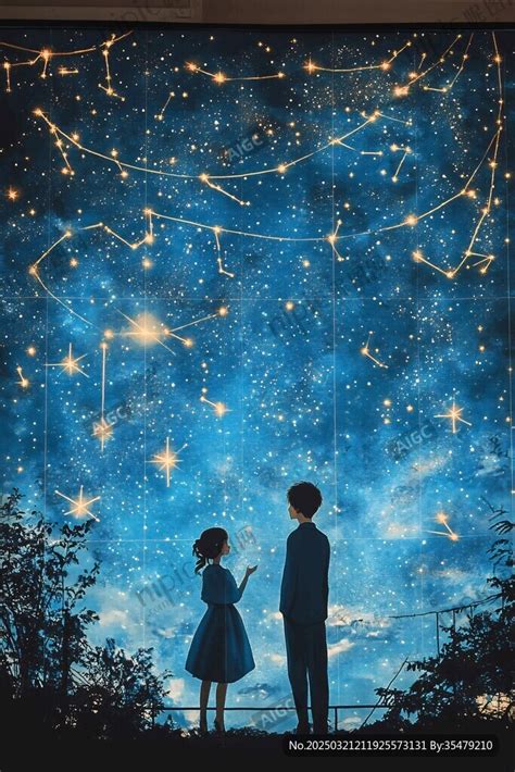 ai创作图星空 浪漫 夜晚 天空 星星 宇宙 动漫风格 情侣 剪影 蓝色 夜景 浪漫氛围 天文观察 星座 发光线条 昵图网