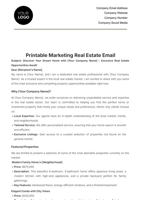 Free Printable Marketing Real Estate Email Template To Edit Online
