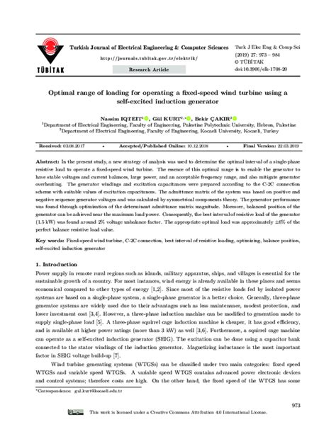 Pdf Optimal Range Of Loading For Operating A Fixed Speed Wind Turbine Using A Self Excited