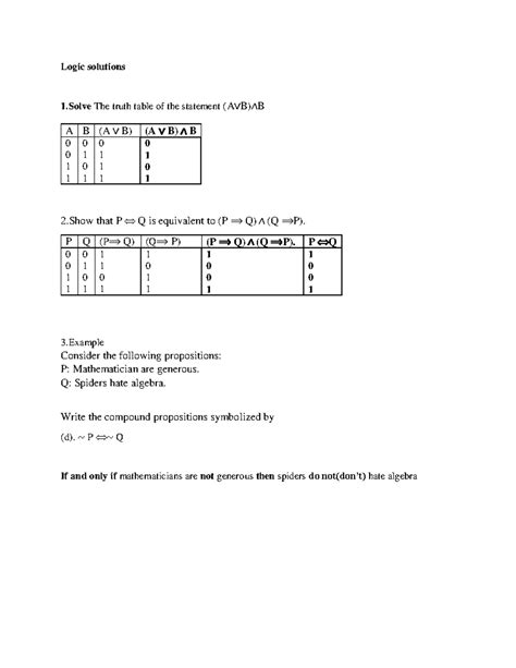 Elementary Logic Solutions Logic Solutions 1 The Truth Table Of The Statement Abb A B A
