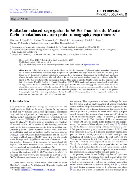 Pdf Radiation Induced Segregation In W Re From Kinetic Monte Carlo Simulations To Atom Probe