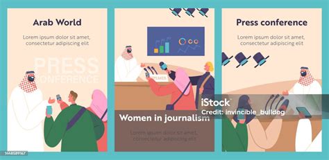 아랍 기자 회견 아랍어 연사 만화 배너와 브리핑 청중에게 말하는 남자 기자 직업 아랍에미리트 연합에 대한 스톡 벡터 아트 및 기타 이미지 아랍에미리트 연합 여자 남자