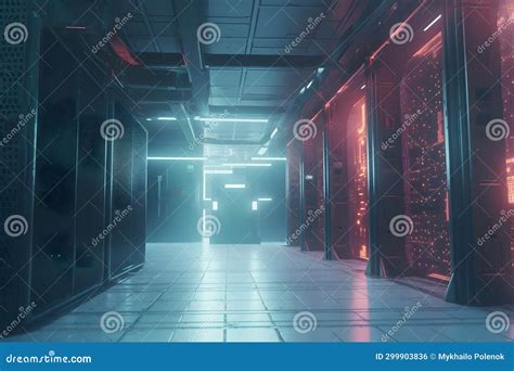 Shot Of Data Center With Multiple Rows Of Fully Operational Server Racks Modern