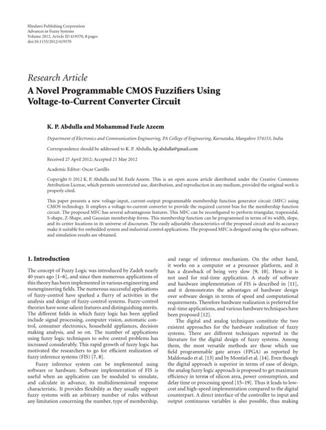Pdf A Novel Programmable Cmos Fuzzifiers Using Voltage To Current Converter Circuit