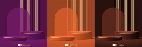 호화로운 자주색 주황색 및 갈색 3d 실린더 연단의 세트는 황금 수직 모양 및 아치 유리 배경을 가진 제품 전시 발표를 위한 현실적 또는 받침대 쇼 제일 제품을 위한 3d