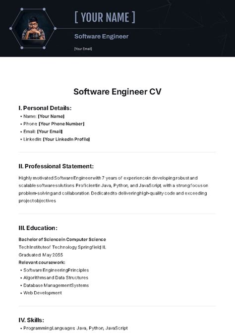 Free Software Engineer CV Template To Edit Online