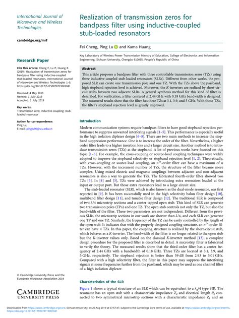 Pdf Realization Of Transmission Zeros For Bandpass Filter Using Inductive Coupled Stub Loaded