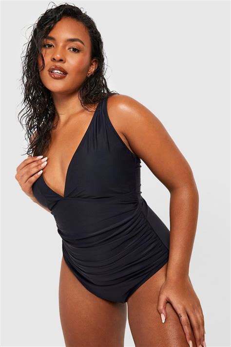 women s plus curve enhance smoothing plunge swimsuit boohoo uk