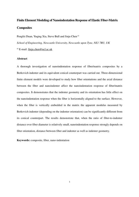 Pdf Finite Element Modeling Of Nanoindentation Response Of Elastic