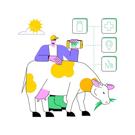 가축의 건강을 모니터링하는 고립된 만화 터 일러스트레이션 스마트 폰을 가진 농부 Iot 드론과 Ai 터 만화와 같은 기술을