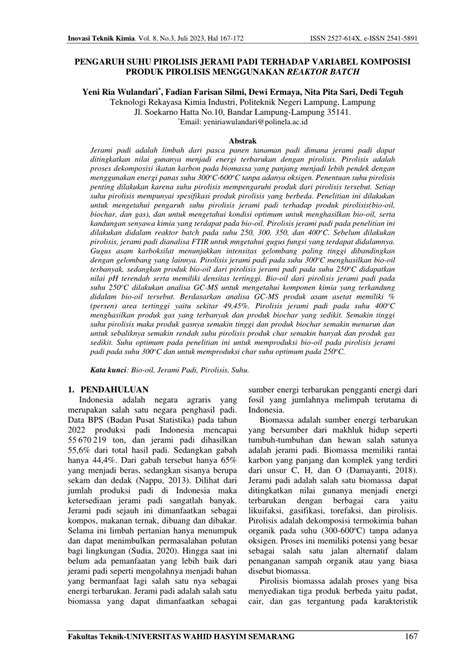 Pdf Efek Suhu Pirolisis Jerami Padi Untuk Produksi Bio Oil Menggunakan Reaktor Batch