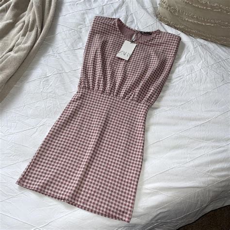 Zara Pink Checkered Dress With Shoulder Pads Size Depop