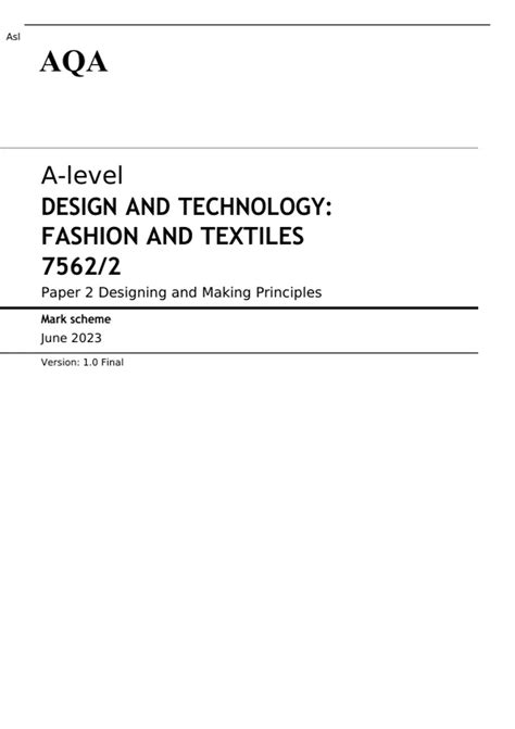 AQA A Level DESIGN AND TECHNOLOGY FASHION AND TEXTILES Paper 2JUNE 2023 MARK SCHEME Designing