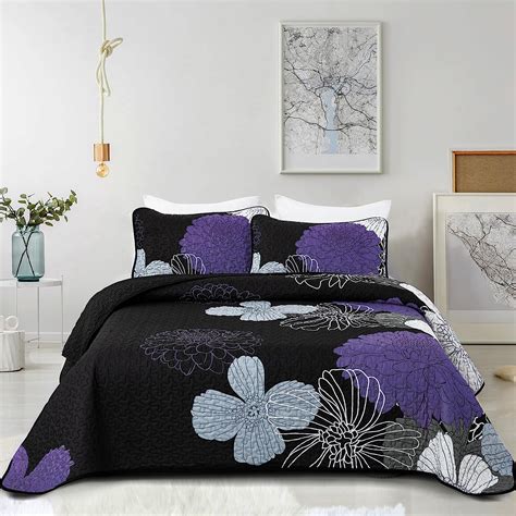 Purple Floral Quilt Set Queen Size 3 Pieces Purple Flower