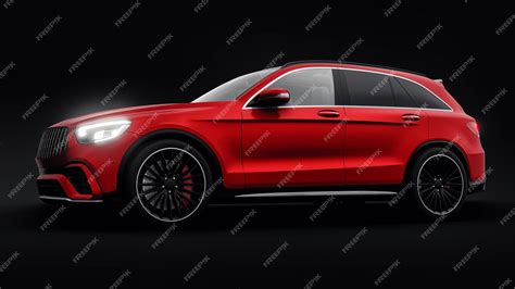 고가의 초고속 스포츠 Suv 자동차는 고속도로의 도시와 경마장에서 검은색 격리된 배경 3d 렌더링에 있는 빨간색 자동차의 3d