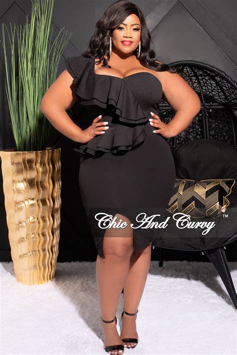 Final Sale Plus Size One Shoulder Ruffle Dress With Front Slit In Black
