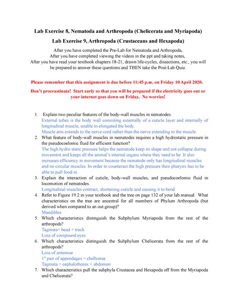 Lab Exercises And Chemistry Lab Report Lab Exercise Nematoda And Arthropoda