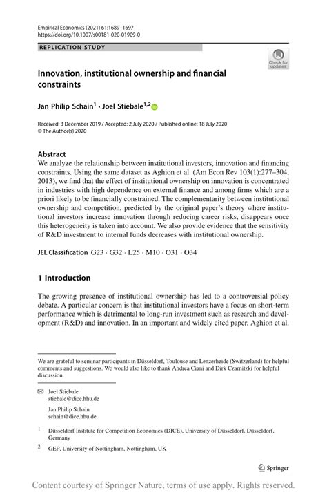 Pdf Innovation Institutional Ownership And Financial Constraints
