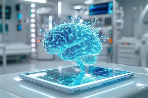 A Bright Minimalistic Setting Featuring A Large Tablet Displaying A Vibrant Blue Holographic 3d