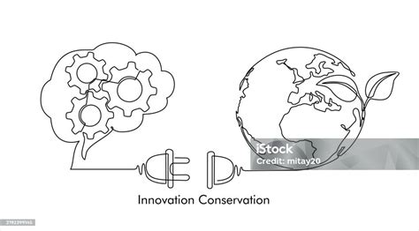 지구 식물 뇌 생각 톱니바퀴 하나의 연속적인 선화 에코 이노베이션의 개념 녹색 에너지의 아이디어 및 간단한 낙서에 전기를 사용한 글로벌 솔루션 0명에 대한 스톡 벡터 아트