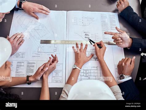 Teamwork Architecture And Blueprint With People In Meeting For Graphic Engineering And