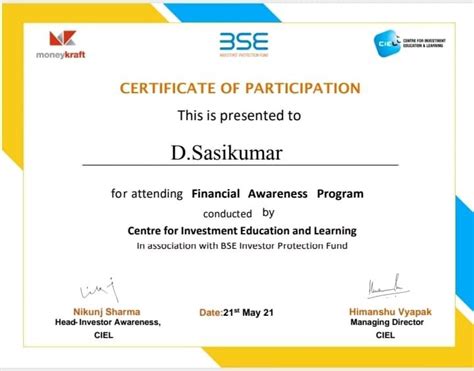 My First Certificate Daile Sasi Kumar