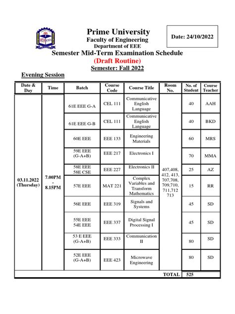 Draft Routine Fall 2022 Midterm Evening Pdf Electrical