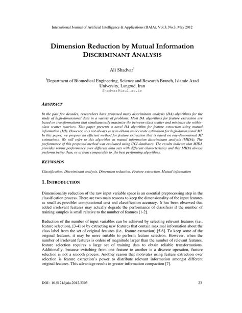 Pdf Dimension Reduction By Mutual Information Discriminant Analysis