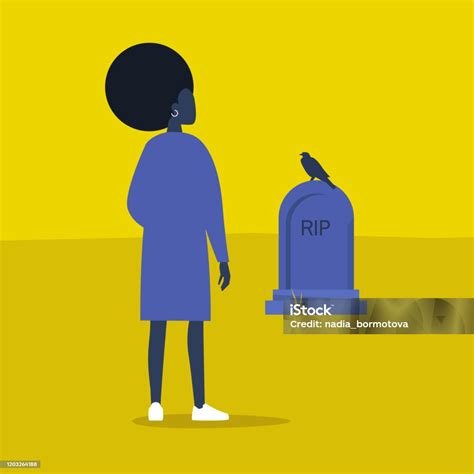 묘지 기념비 묘지 앞에 서있는 젊은 흑인 여성 캐릭터 죽음과 손실 과거에 대한 스톡 벡터 아트 및 기타 이미지 과거 그리움